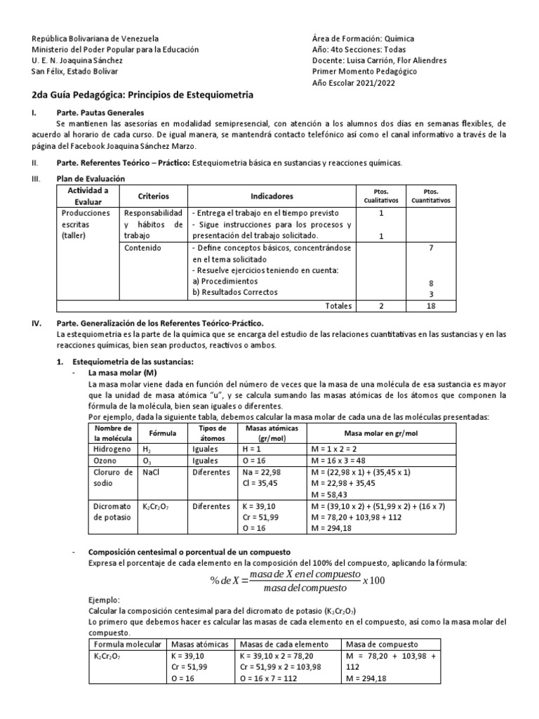 Guía De Química 4to Año Pdf Estequiometría Naturaleza