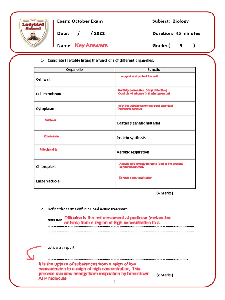 9th Grade Biology Exam Questions | PDF