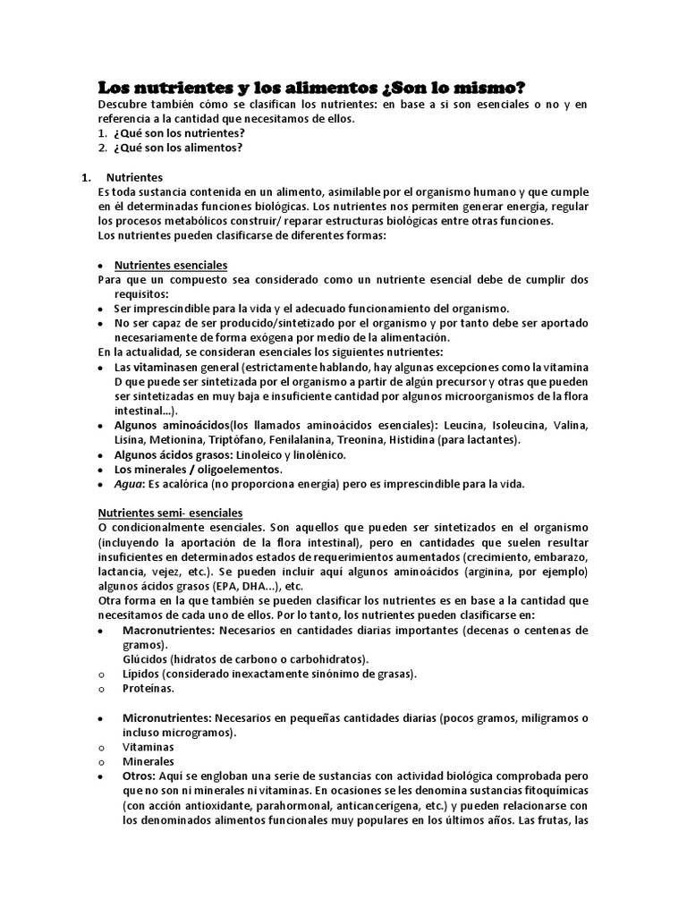 Nutrientes y Alimentos: Definiciones Clave | PDF | Nutrientes ...