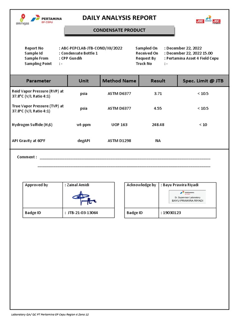 Condensate Product QA/QC Report | PDF | Technology & Engineering