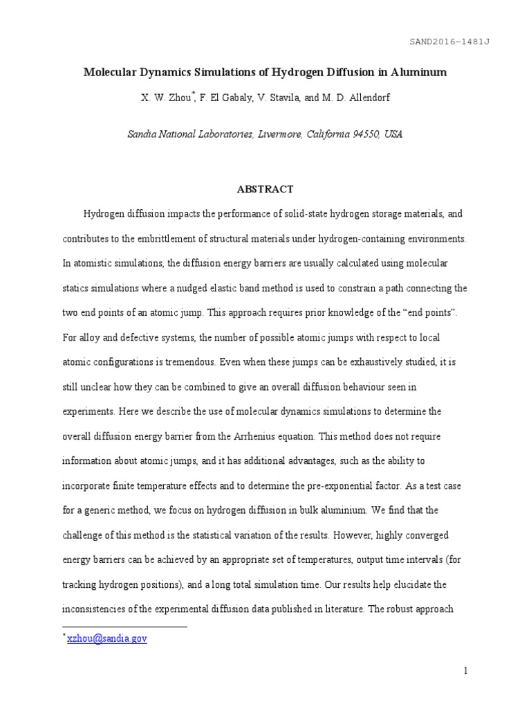 Molecular Dynamics Simulations of Hydrogen Diffusion in Aluminum | PDF ...