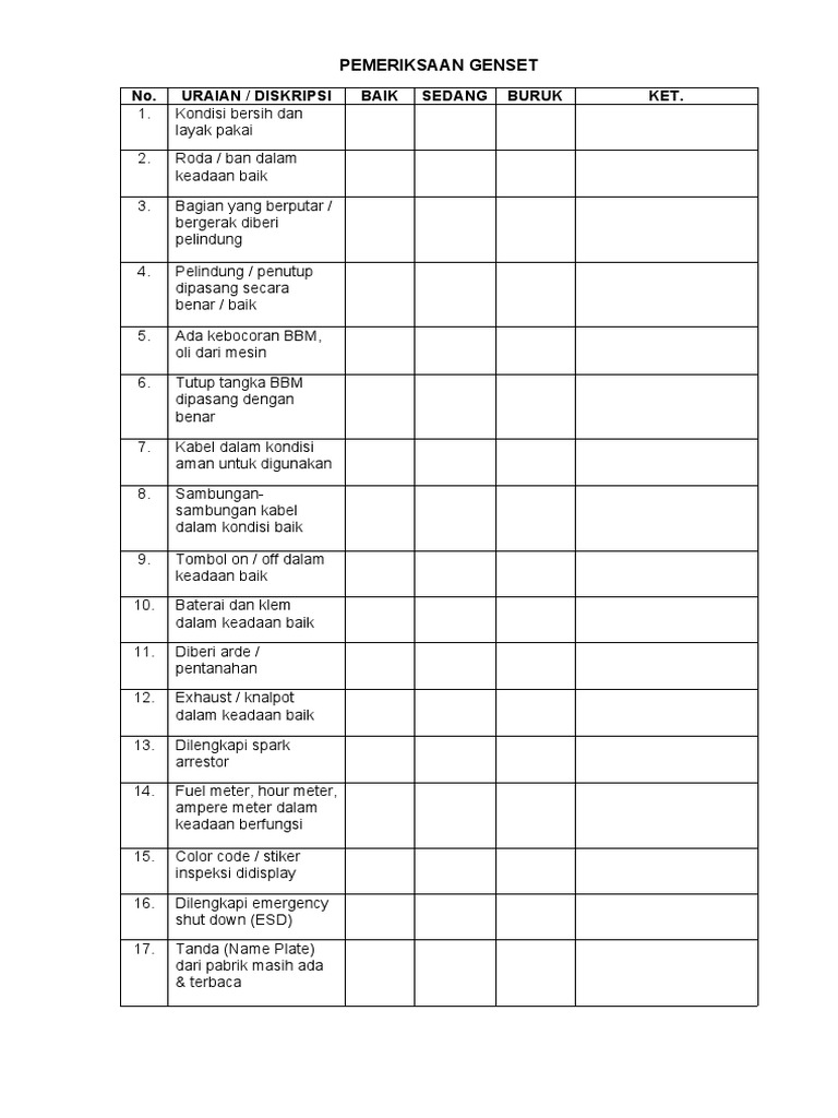 Genset Pemeriksaan Checklist | PDF