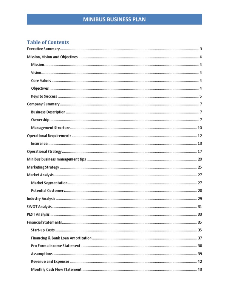 Contents Table Minibus Business Plan | PDF | Financial Statement | Banks