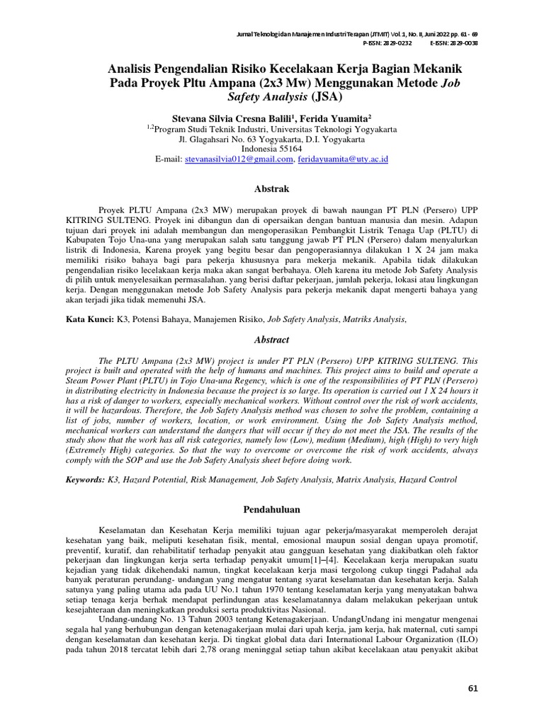 Analisis Pengendalian Risiko Kecelakaan Kerja Bagian Mekanik Pada ...