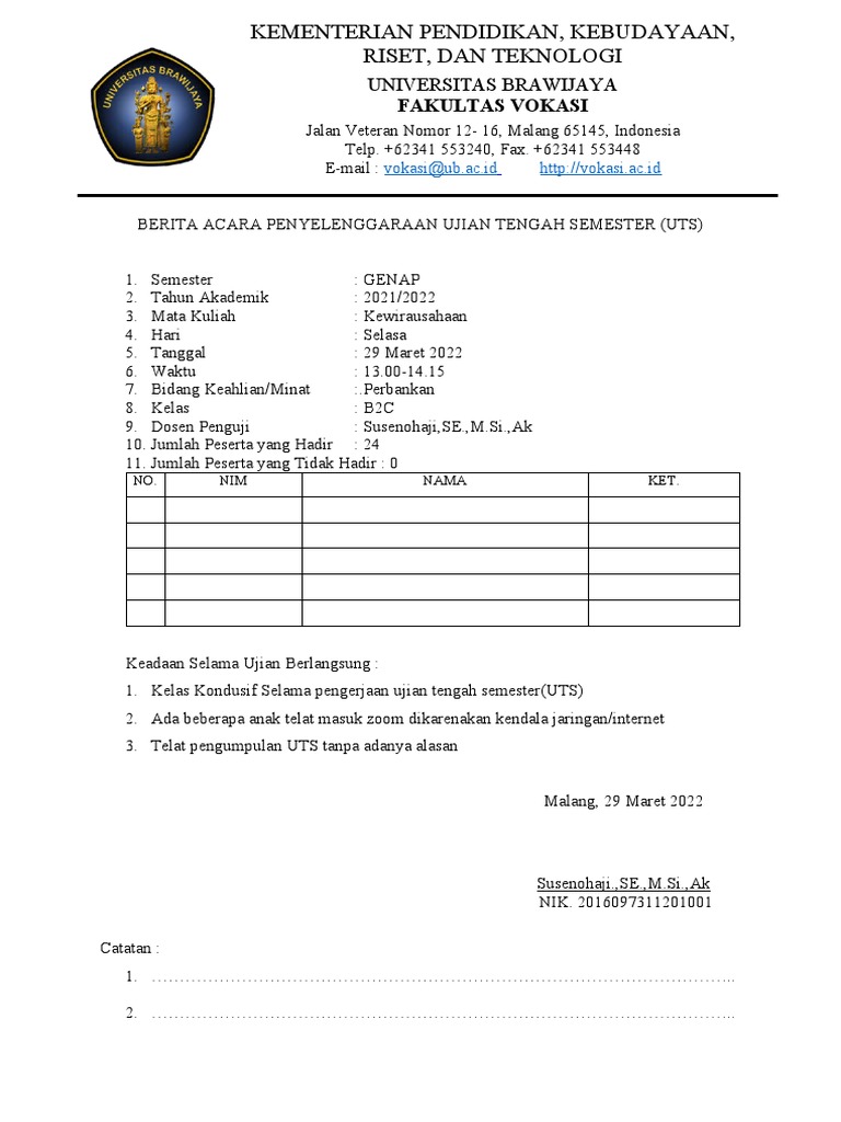 Berita Acara UTS Kewirausahaan-Kelas B2C-29 Maret 2022 | PDF