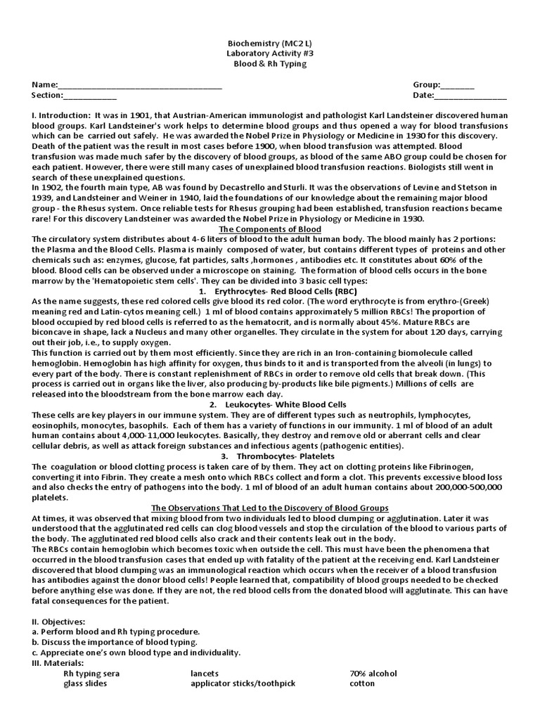 Biochem Experiment 3 | PDF | Blood Type | Red Blood Cell