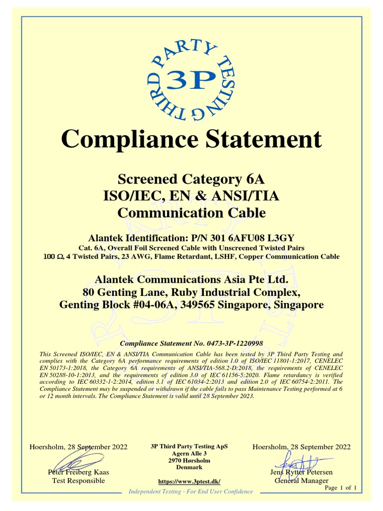 Compliance Statement: Screened Category 6A Iso/Iec, en & Ansi/Tia ...