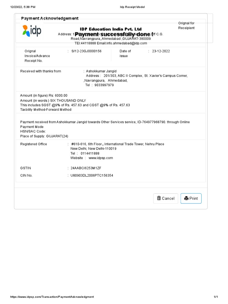 IDP Payment Acknowledgment Receipt | PDF