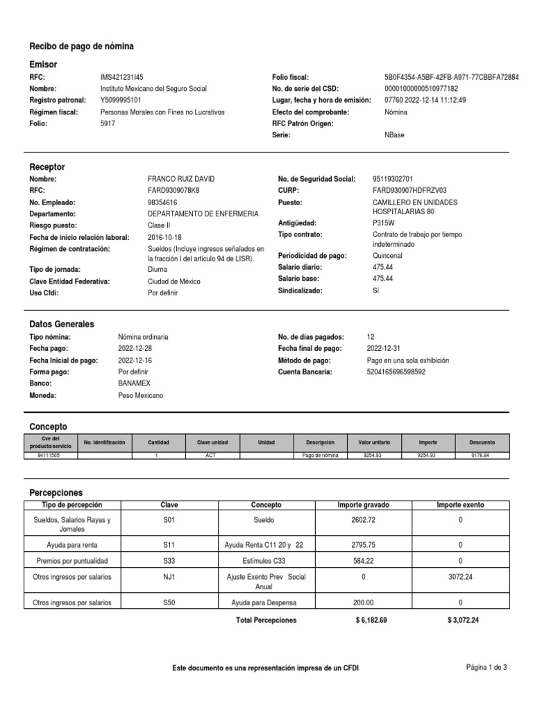 Recibo de Pago de Nómina Emisor | PDF | Salario | Sueldos y salarios