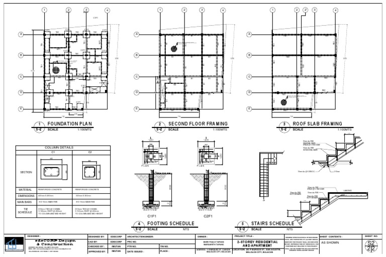 Foundation Plan Second Floor Framing Roof Slab Framing: Column Details | PDF | Buildings And ...