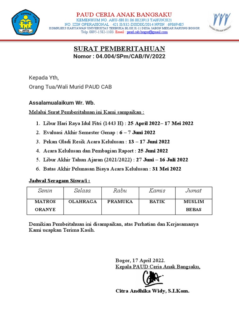 Surat Pemberitahuan Libur Idul Fitri Dan Akhir Tahun | PDF Surat Pemberitahuan Libur Idul Fitri Dan Akhir Tahun | PDF