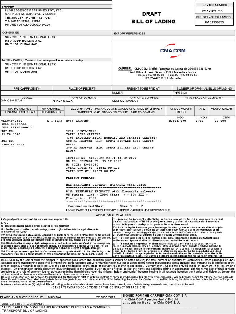 Bill of Lading Draft: Carrier | PDF | Bill Of Lading | Cargo
