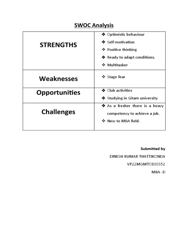 SWOC Analysis of Dinesh Kumar | PDF
