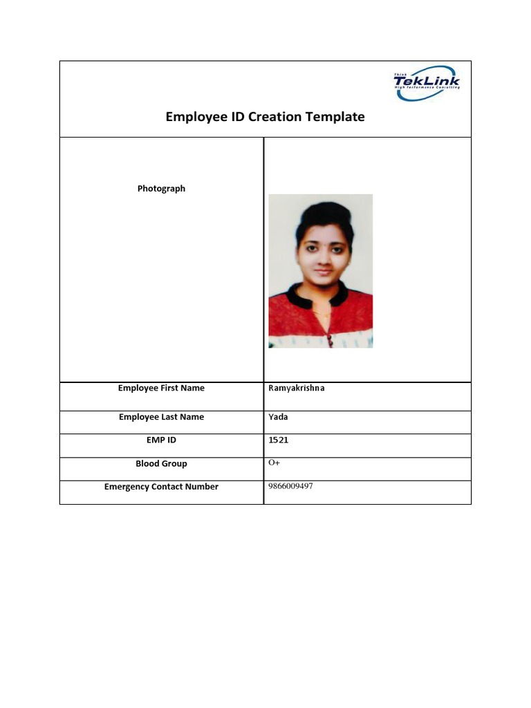 Employee ID Creation Template - Ramya Krishna Yada | PDF