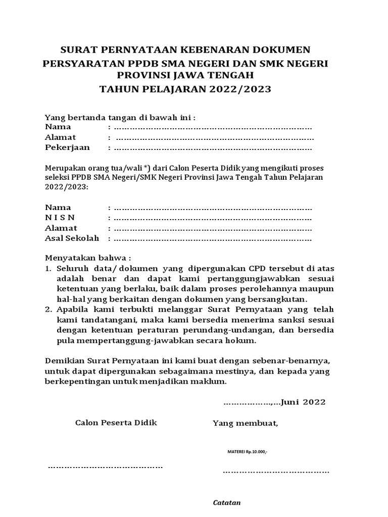 New Surat Pernyataan Kebenaran Dokumen PPDB SMKN 1 Giritontro | PDF