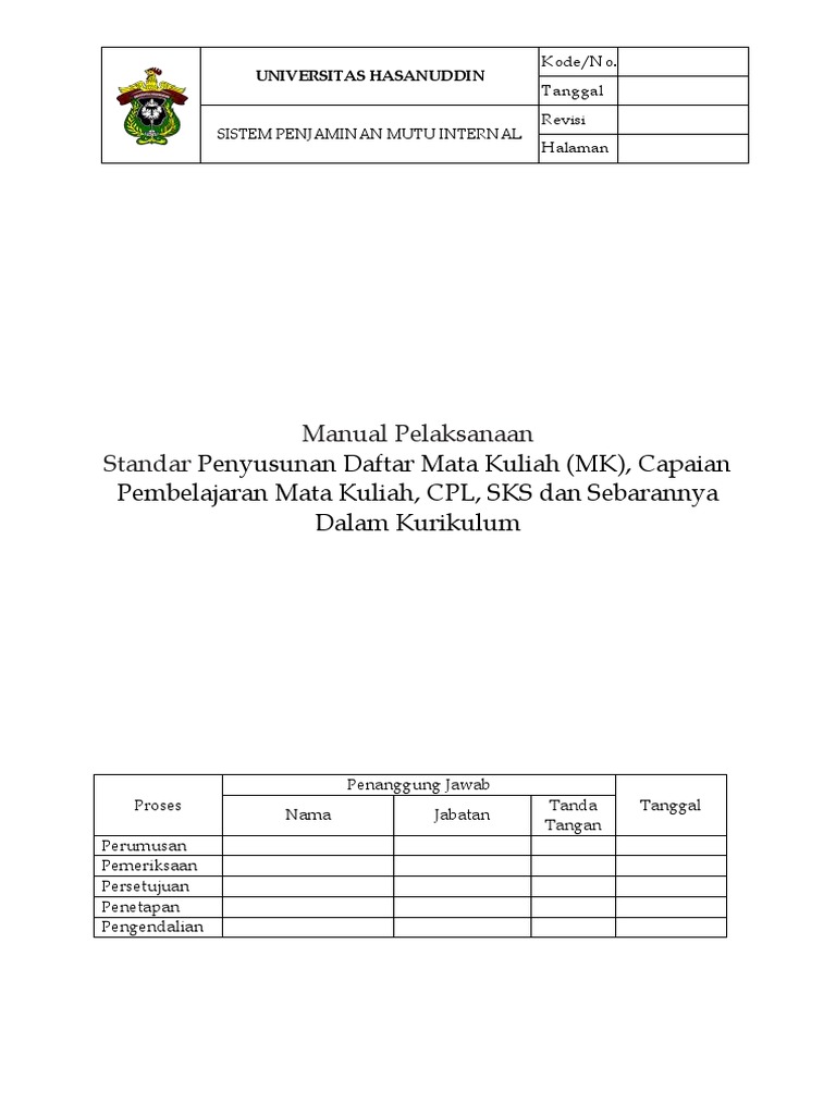 Manual Pelaksanaan Standar Penyusunan Daftar Mata Kuliah (MK), Capaian Pembelajaran Mata Kuliah ...