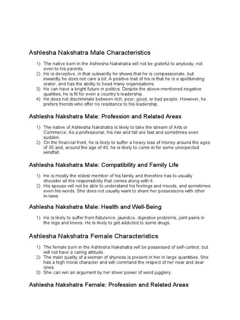 Ashlesha Nakshatra Male Female Characteristics | PDF | Psychology ...