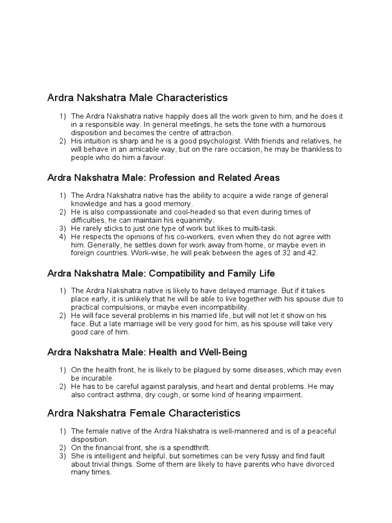 Ardra Nakshatra Male Female Characteristics | PDF | Psychology | Health ...