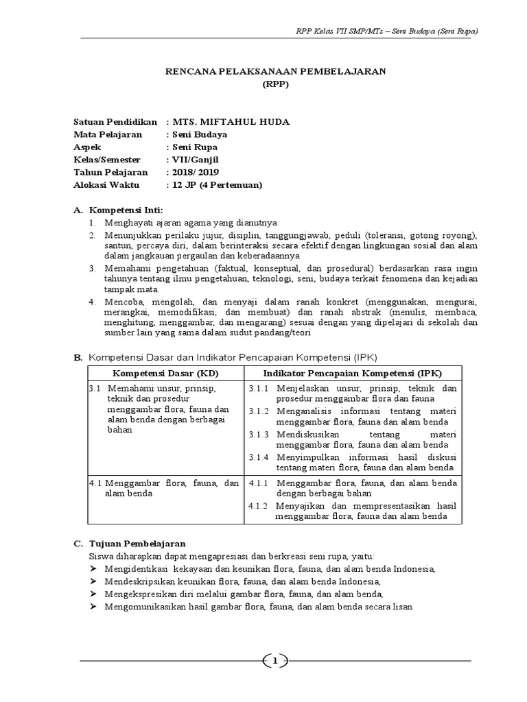 RPP Seni Rupa Kelas VII | PDF | Sains & Matematika