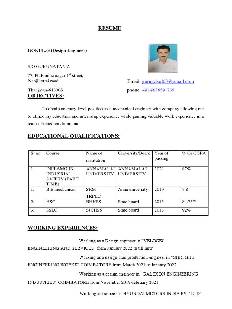 Gokul G-Resume | PDF | Engineering | Mechanical Engineering