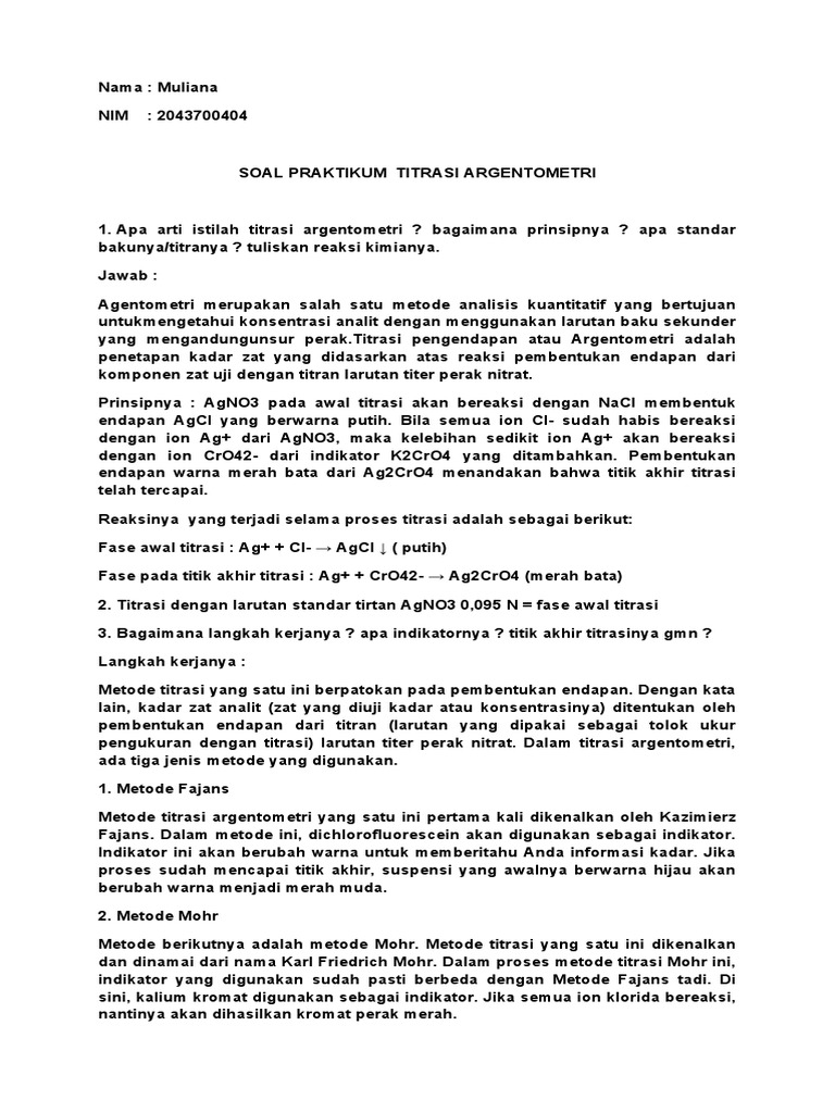 Soal Prakt Titrasi Argentometri Muliana | PDF