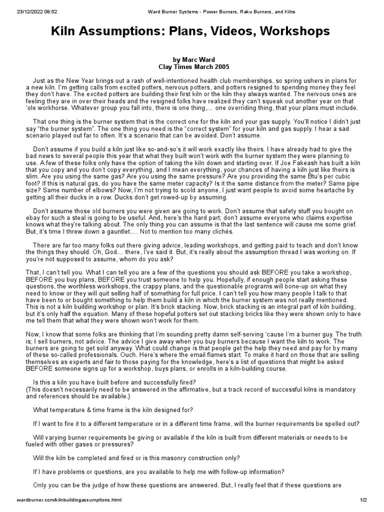 Ward Burner Systems - Kiln Assumptions Plans, Videos, Workshops - Power Burners, Raku Burners ...