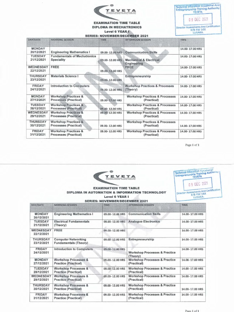 Examination Time Table Diploma in Mechatronics Level 6 YEA Series: November/Dec | PDF ...