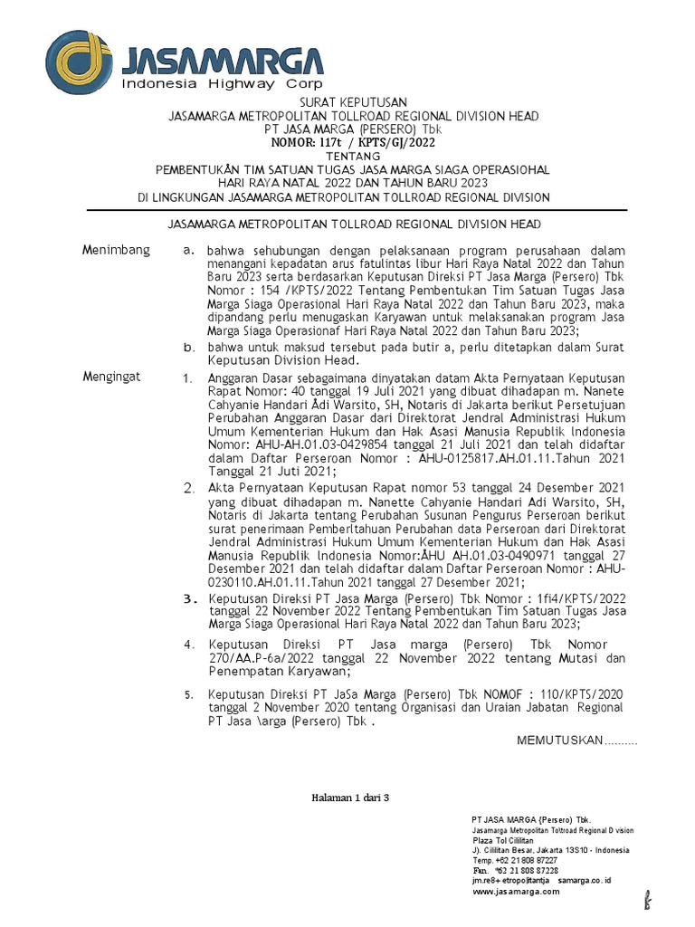 502.SK Pembentukan Tim Satuan Tugas Jasa Marga Siaga Operasional Hari ...
