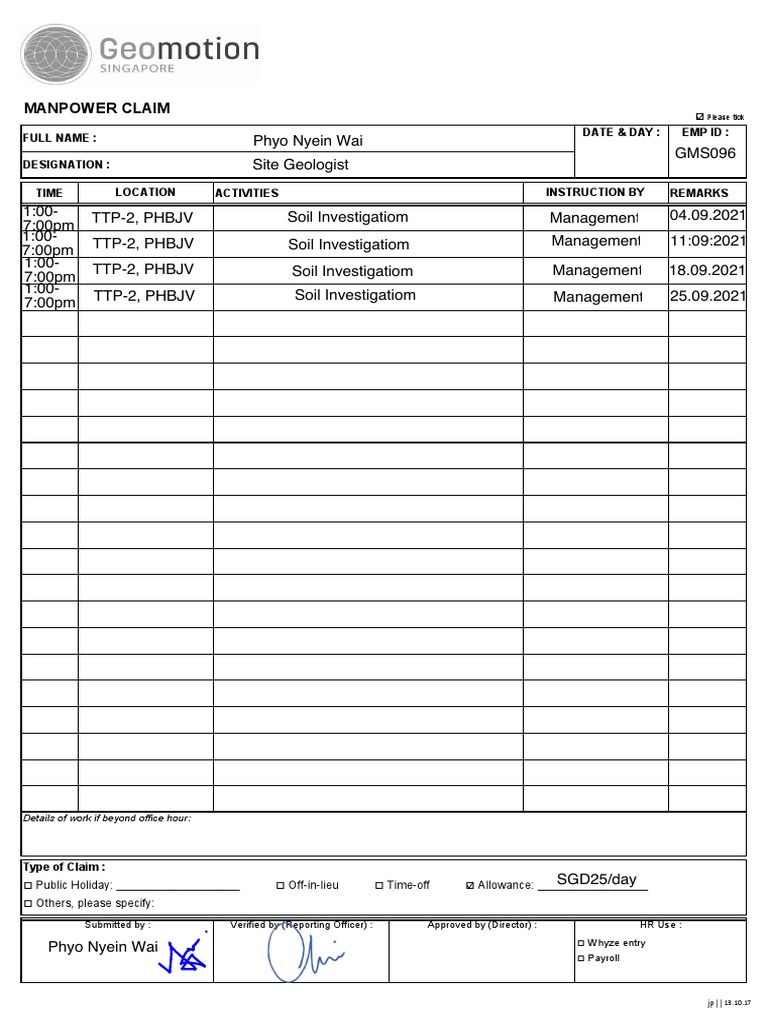 Manpower Claim: Full Name: Date & Day: Empid: Designation: Time ...