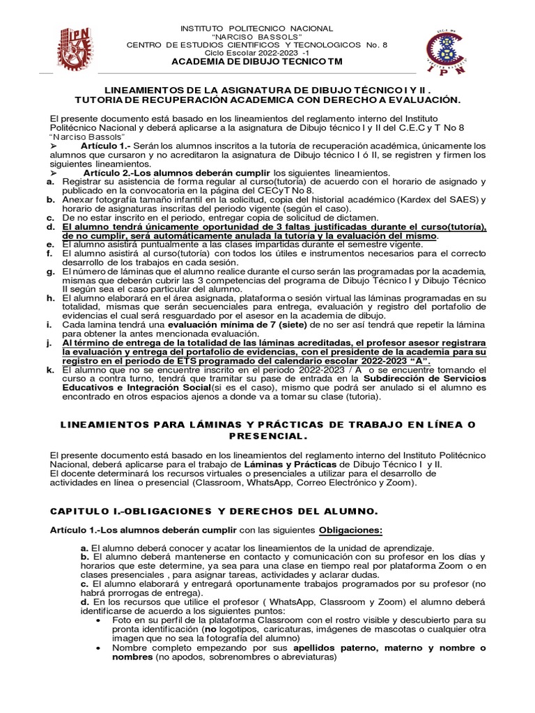 Lineamientos Dibujo Técnico I y II | PDF | Evaluación