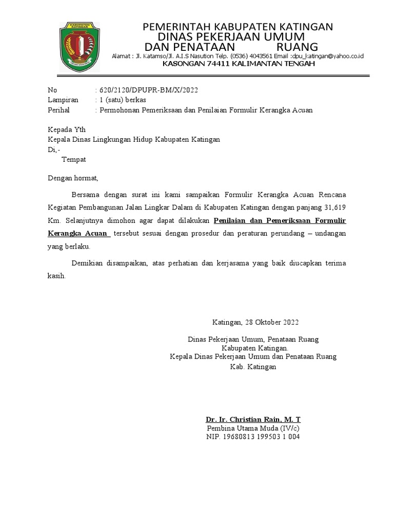 Surat Permohonan Pemeriksaan Dan Penilaian Formulir Kerangka Acuan ...