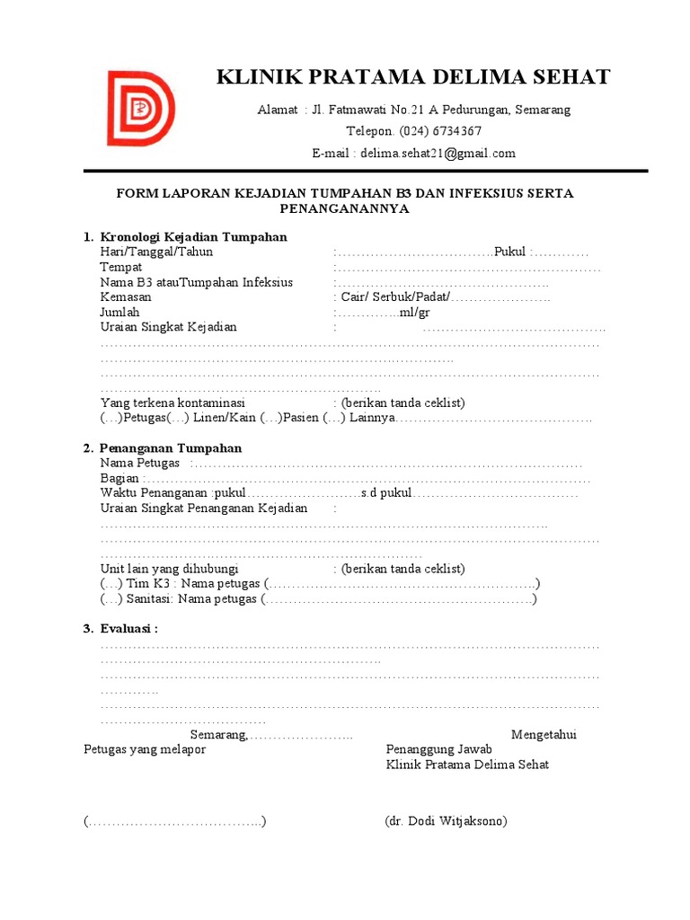 FORM LAPORAN KEJADIAN TUMPAHAN B3 Dan INFEKSIUS SERTA PENANGANANNYA | PDF