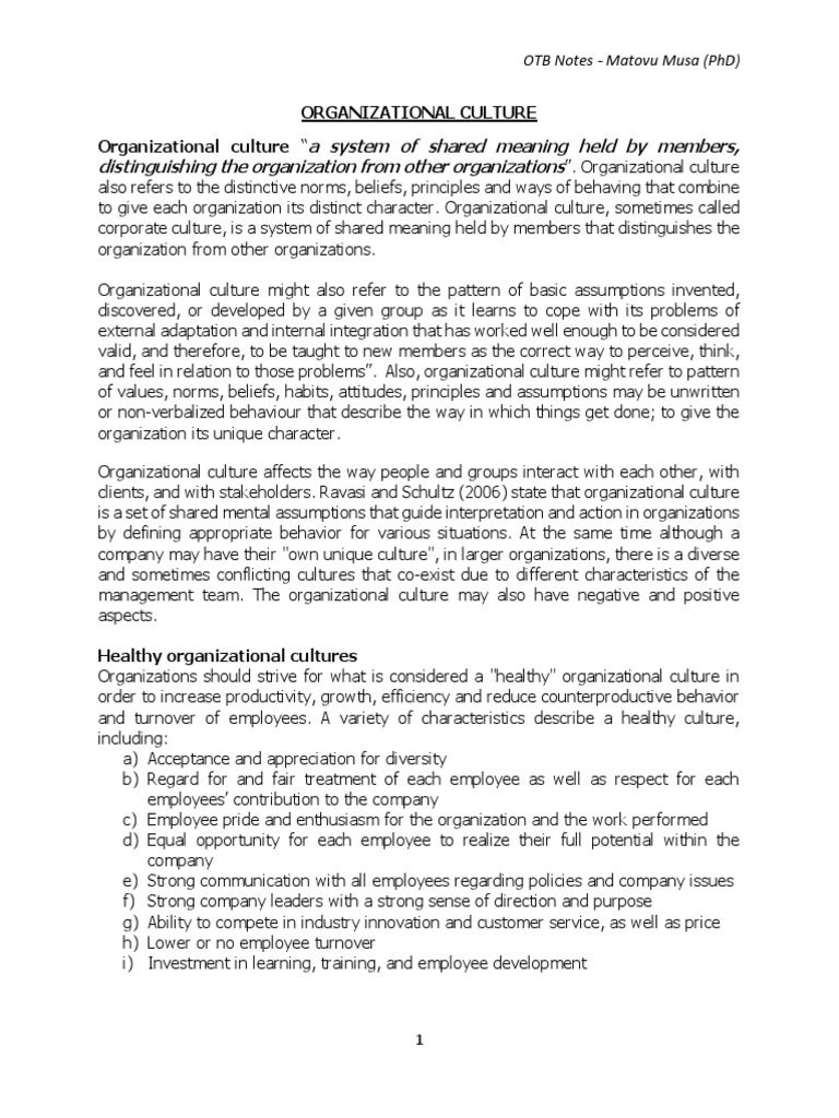OTB - Lecture Notes 7 - Organizational Culture, Change and Development ...