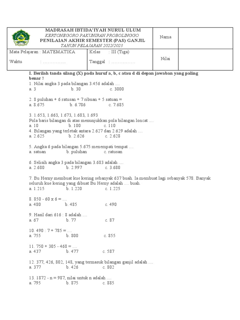 Soal Uas Semester 1 Kelas 3 MTK | PDF