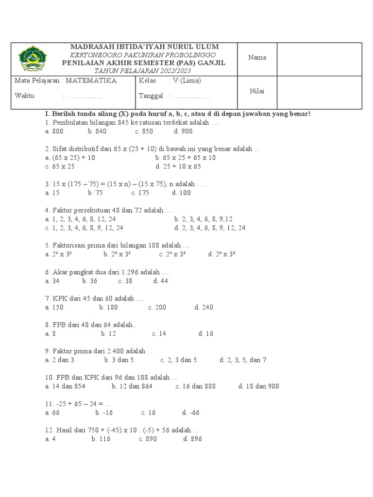 Soal Uas Matematika Kelas 5 Semester 1 | PDF | Metode & Bahan Ajar