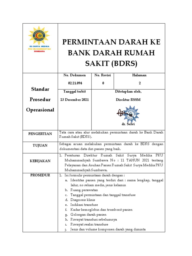 Spo Permintaan Darah Ke Bank Darah Rumah Sakit | PDF