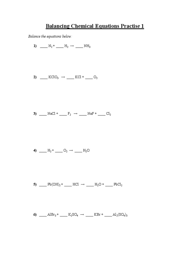 Balancing Chemical Equations Practice 1 | PDF