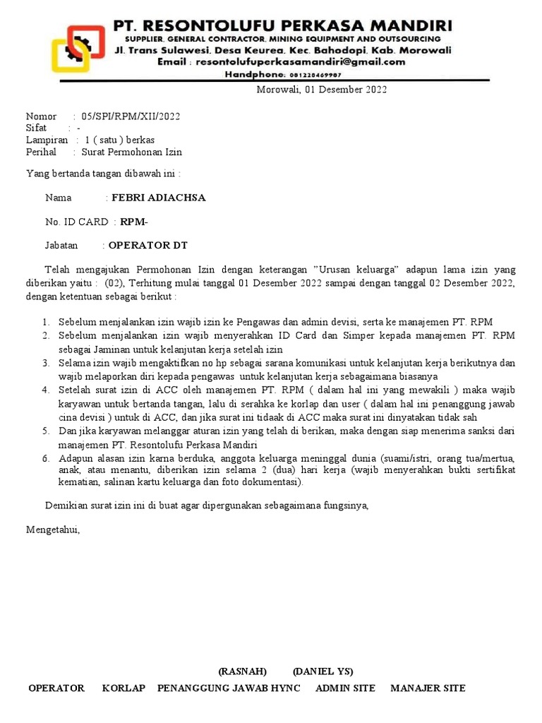 Surat Izin Kerja Karyawan RPM | PDF