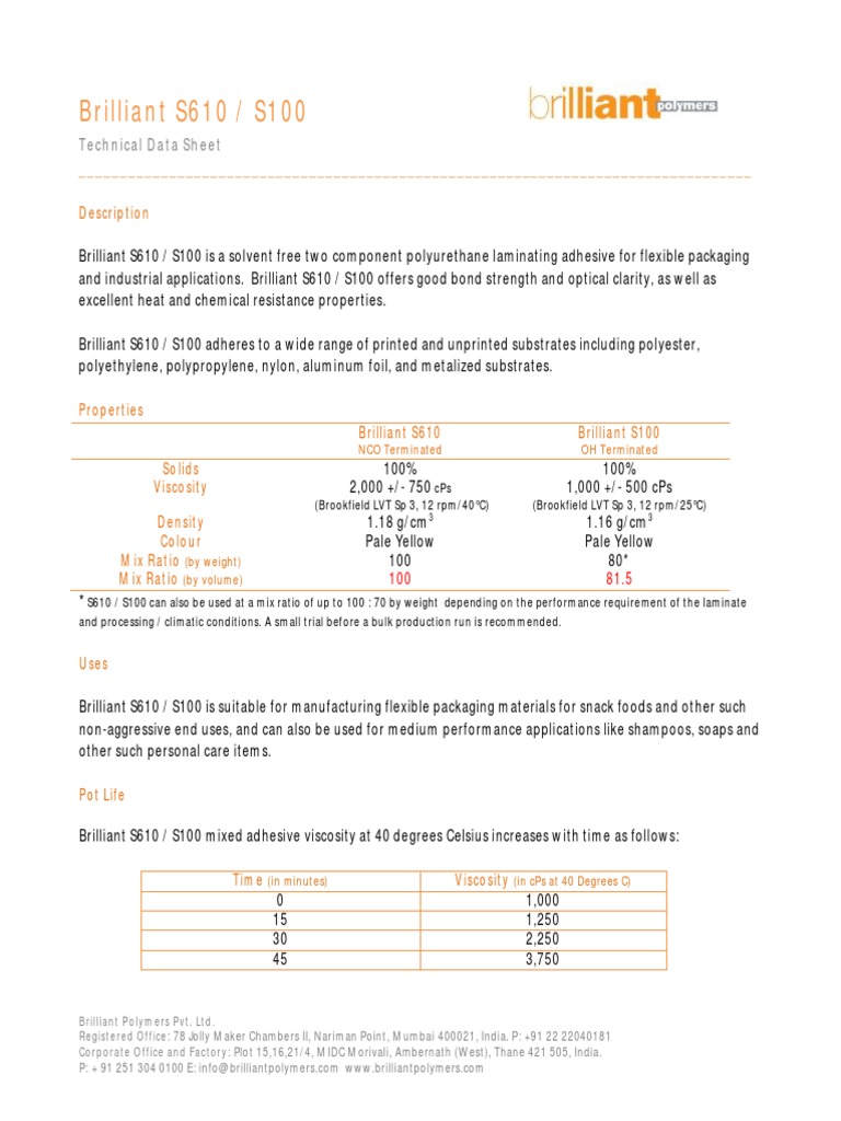 TDS Brilliant S610-S100 | PDF | Adhesive | Lamination