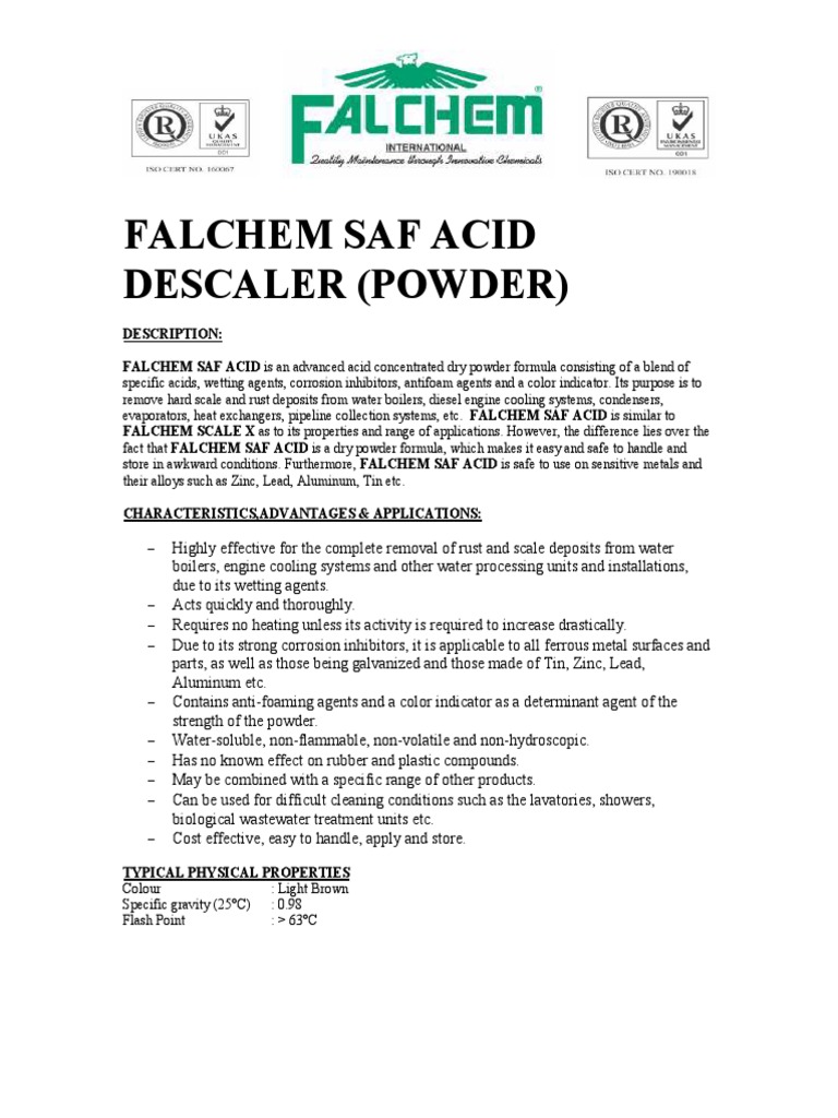 Falchem Spec SAF ACID - POWDER | PDF | Water | Corrosion