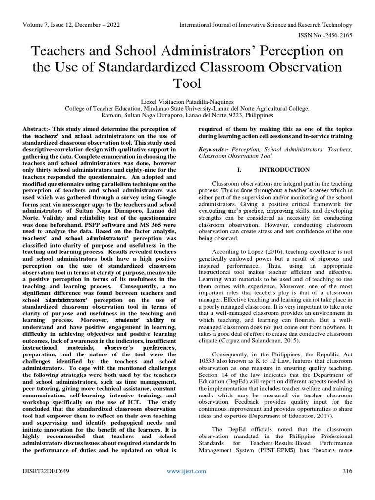 Teachers and School Administrators' Perception On The Use of Standardardized Classroom ...