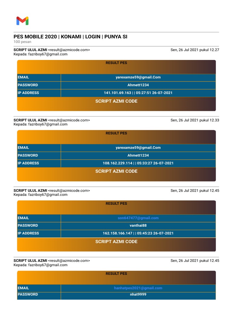 Gmail - PES MOBILE 2020 - KONAMI - LOGIN - PUNYA SI | PDF | Secure Communication | Information ...
