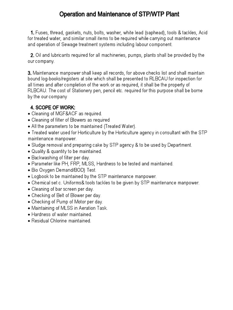 Operation and Maintenance of STP/WTP Plant | PDF