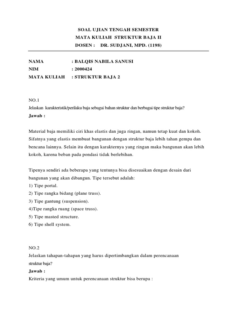 UTS - BALQIS NABILA SANUSI - PTB-A - Struktur Baja 2 | PDF