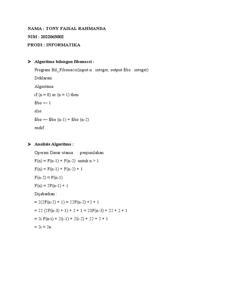 Tony Faisal Rahmanda 2022063002 Tugas Fibonacci | PDF