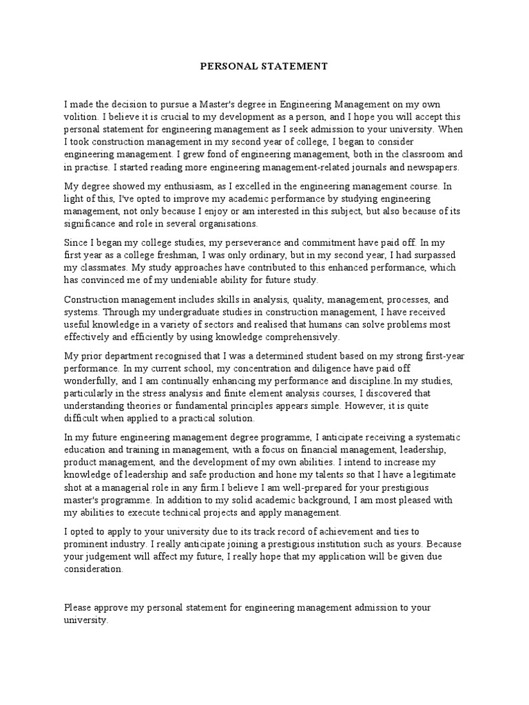 PERSONAL STATEMENT 1 | PDF | Engineering | University And College Admission