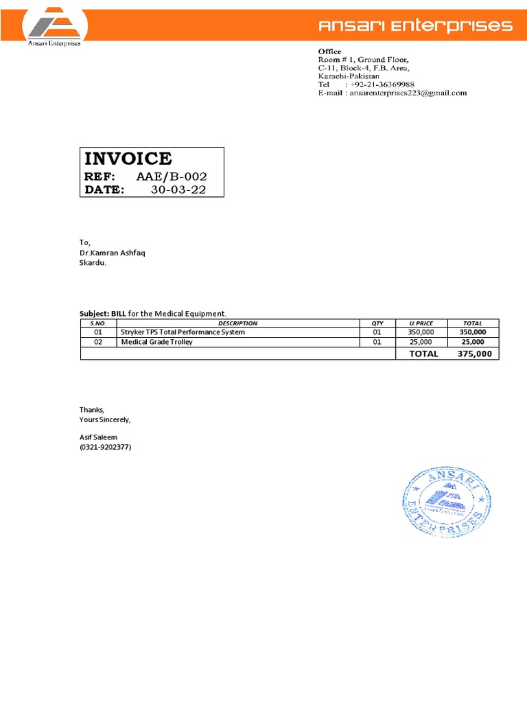 Medical Equipment Invoice for Stryker TPS Total Performance System and ...