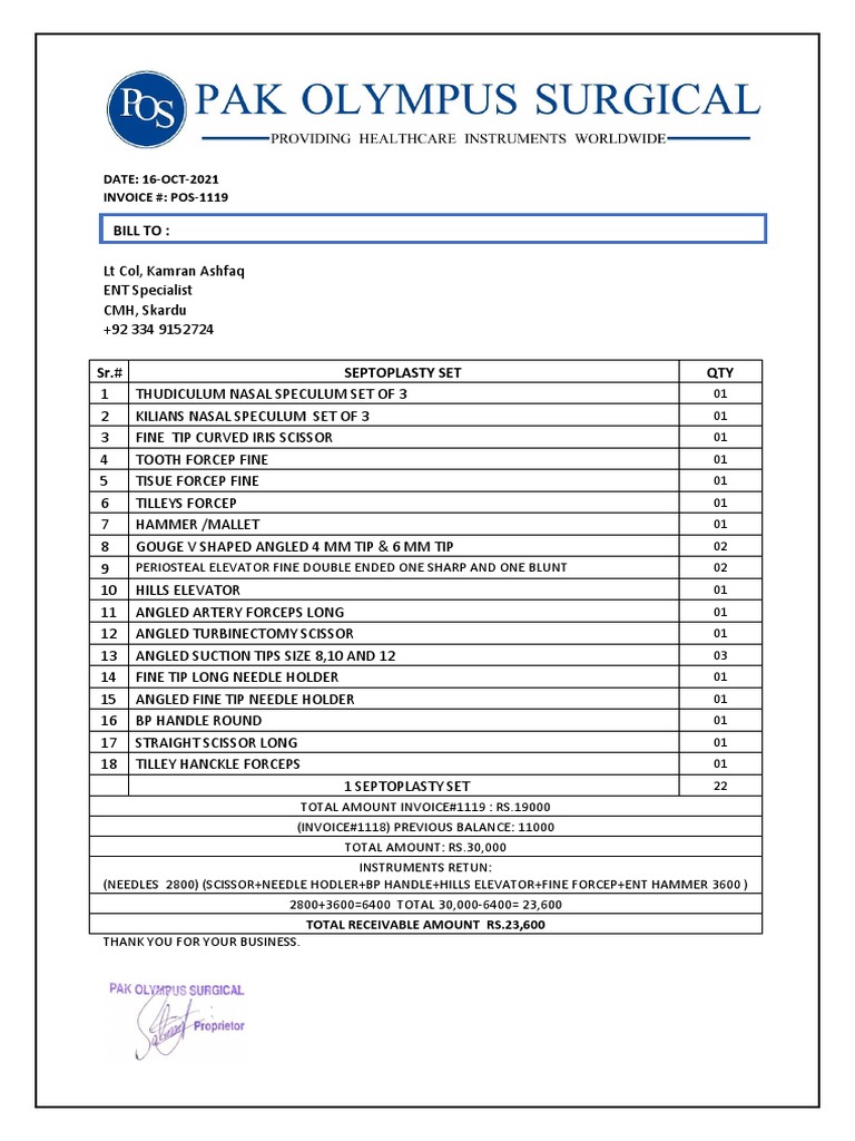Olympus Septoplasty Invoice | PDF | Surgery