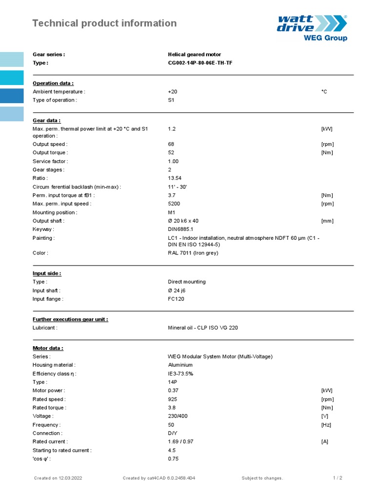 Thông số động cơ gá dưới - CG002-14P-80-06E-TH-TF - 1 | PDF | Gear | Electrical Engineering