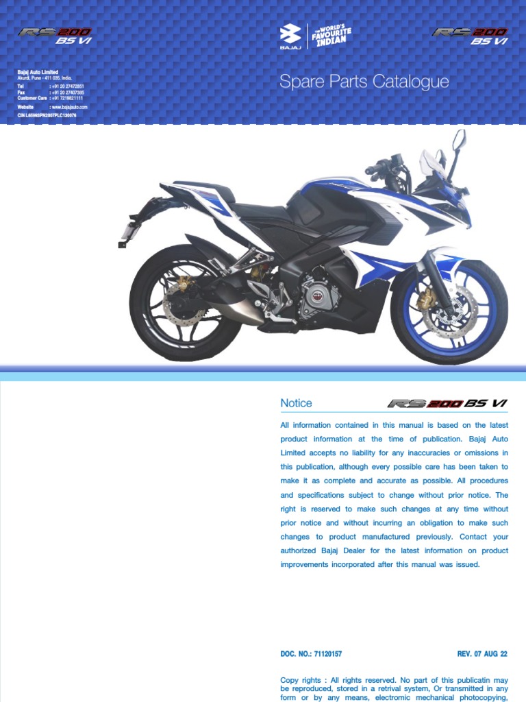Pulsar 200 Rs Bs6 Rev 07 Aug 22 | PDF | Vehicle Parts | Engines
